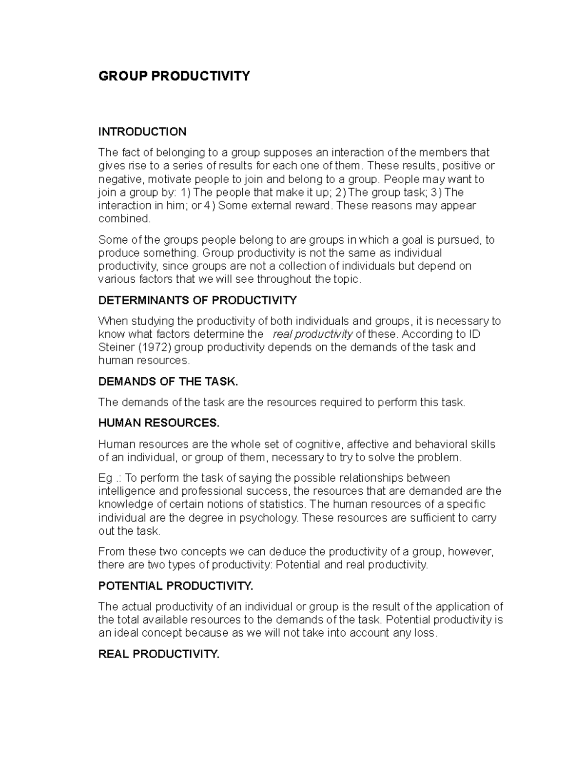 Group productivity - GROUP PRODUCTIVITY INTRODUCTION The fact of ...