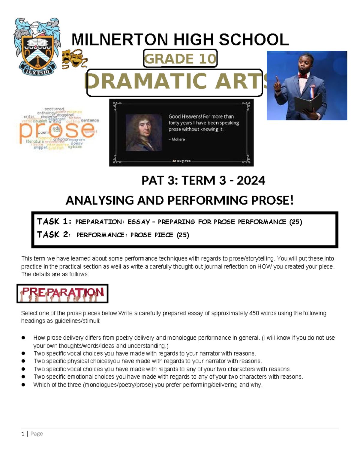 GR 10 Dramatic ARTS Prose PAT T3 2024 - MILNERTON HIGH SCHOOL GRADE 10 ...