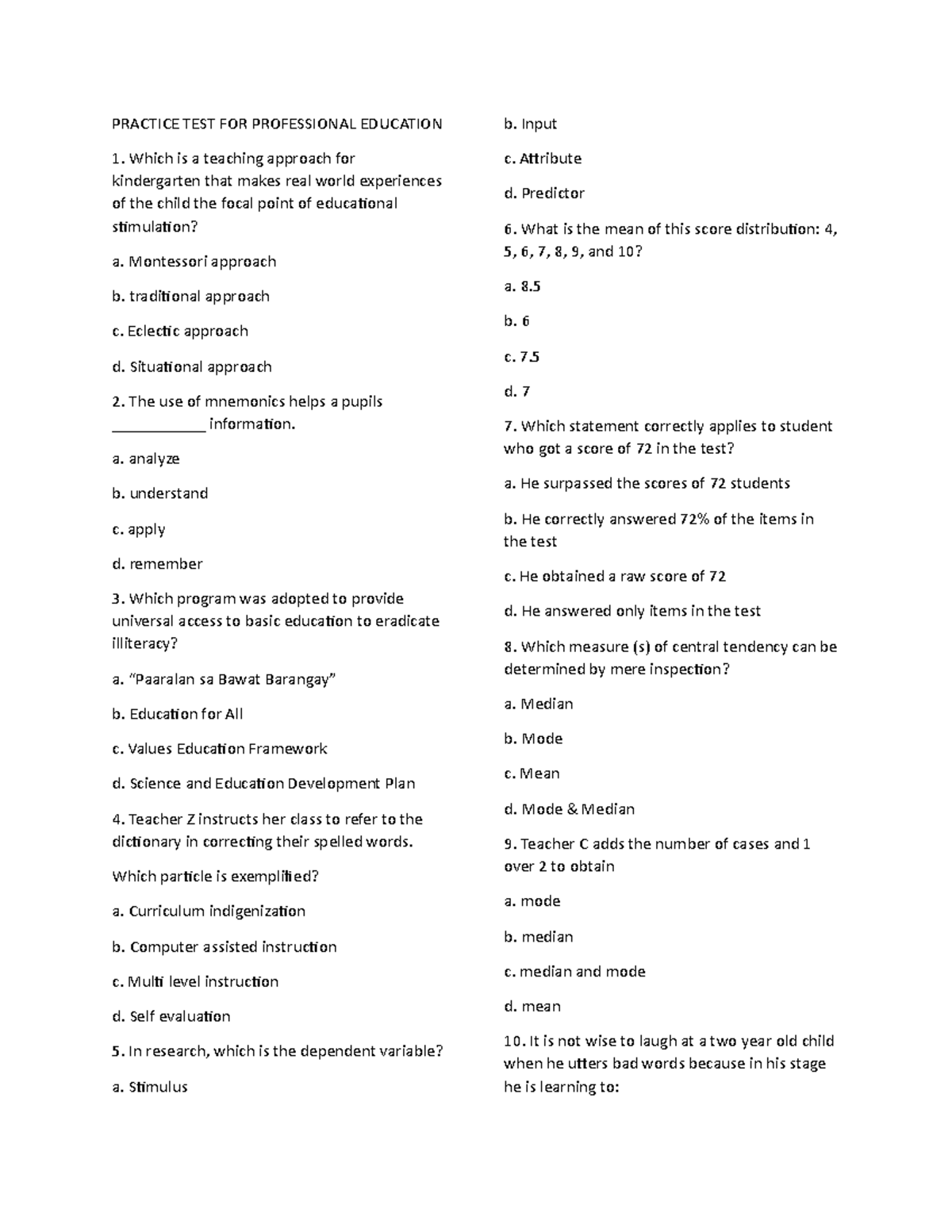 Profed 2 - reviewer let - PRACTICE TEST FOR PROFESSIONAL EDUCATION ...