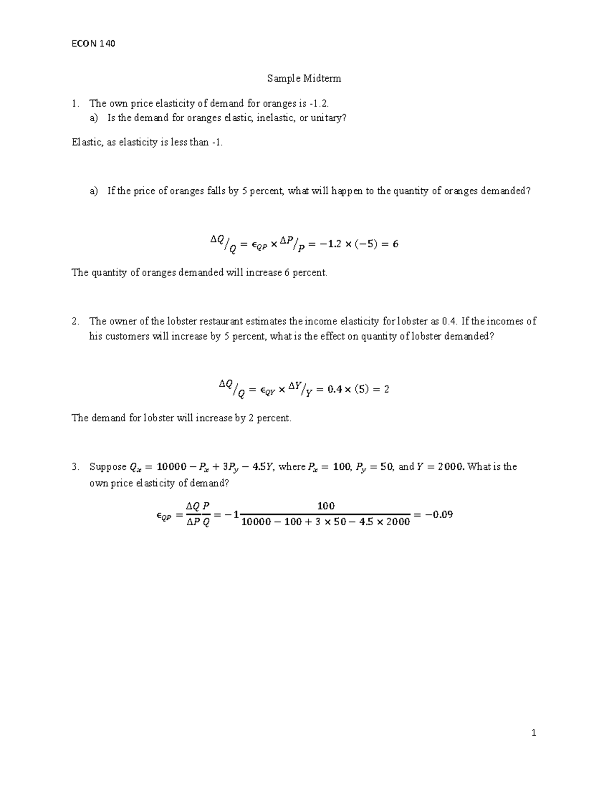 Sample Midterm 140 AK - practice - Sample Midterm The own price ...