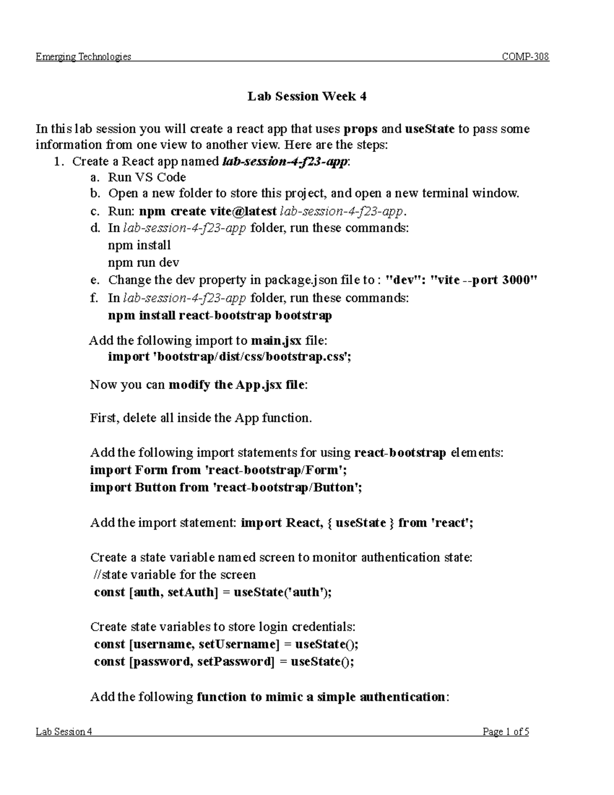 Lab Session Week 4 F23 Wk4 Lab Session Week 4 In This Lab Session You Will Create A React