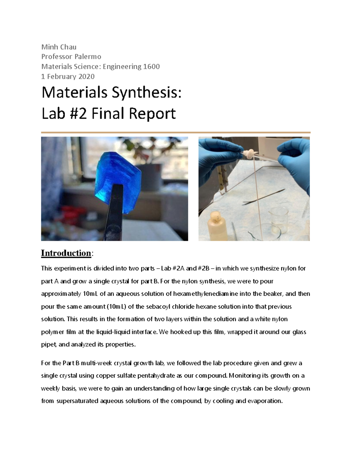 Lab #2 Report - Minh Chau Professor Palermo Materials Science ...
