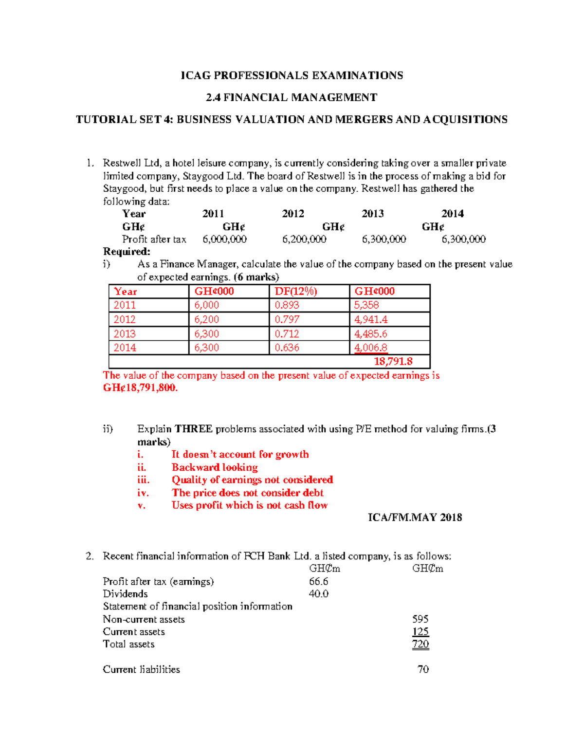 Tutorial set 4-Business Valuations - ICAG PROFESSIONALS EXAMINATIONS 2 FINANCIAL MANAGEMENT ...