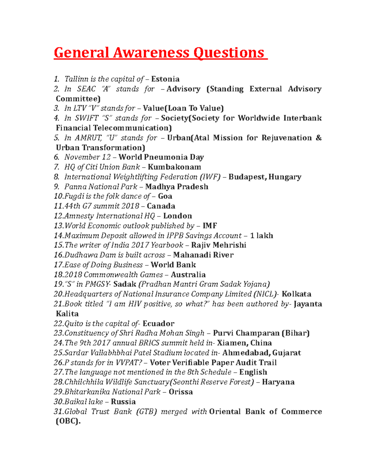 General Awareness Questions - General Awareness Questions Tallinn is ...
