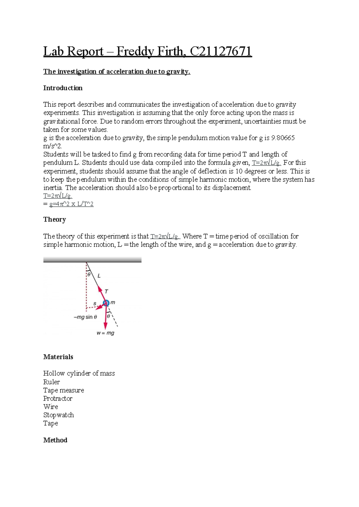 Accelration due to gravity lab report[ 715] - Lab Report – Freddy Firth ...