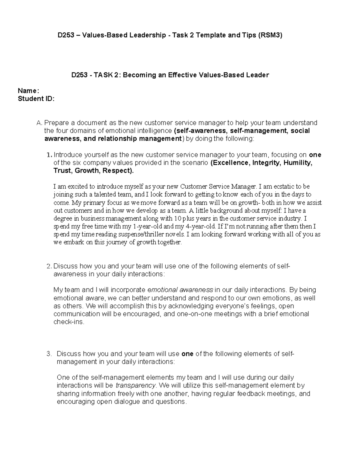 D253 v4 - RSM3 Task 2 - First attempt - D253 – Values-Based Leadership - Task 2 Template and ...