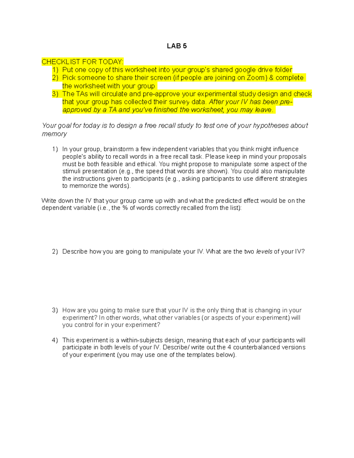 Psychology 10 - Professor Clark - Lab 5 Worksheet - LAB 5 CHECKLIST FOR ...