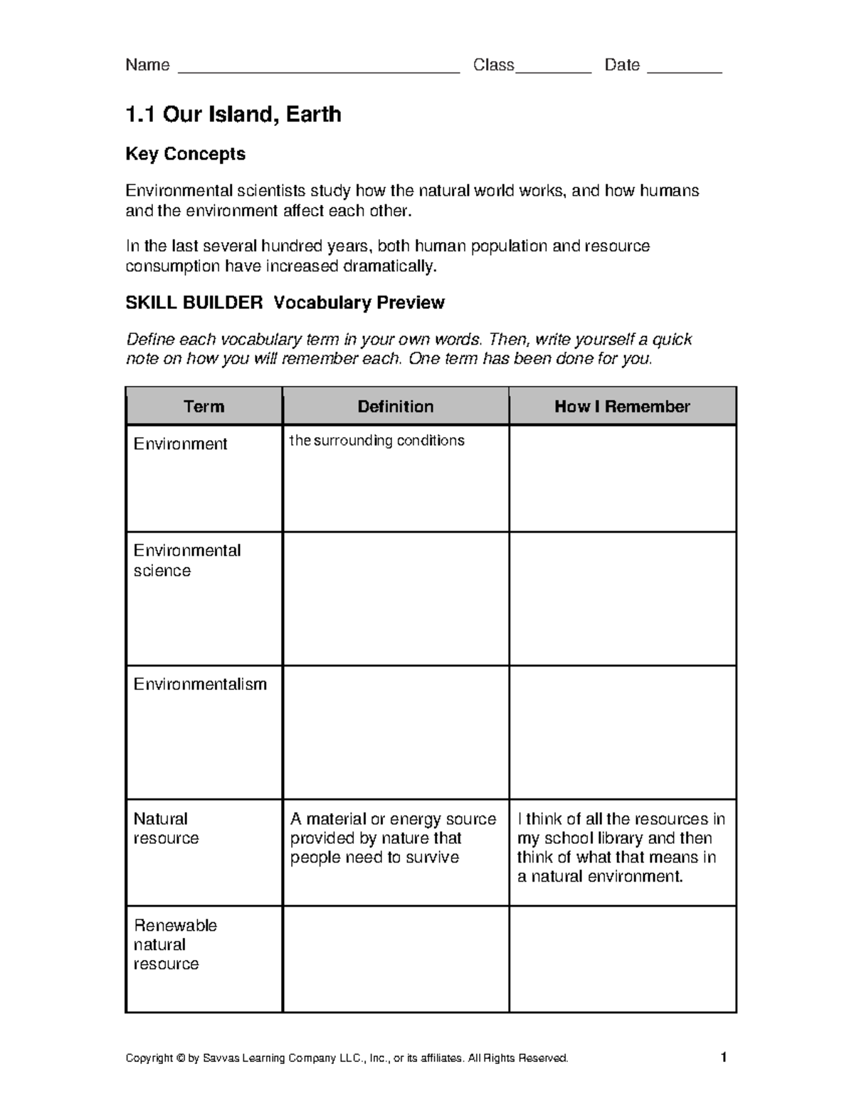 Andre Thrasher - ENV21 01 01 Wkbk Lesson - 1 Our Island, Earth Key ...
