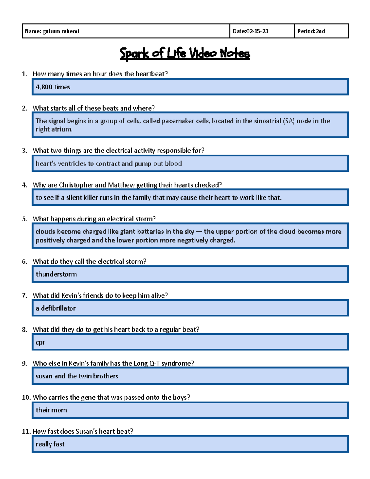 Copy of Spark of life video questions - Name: gulsum rahemi Date:02-15 ...