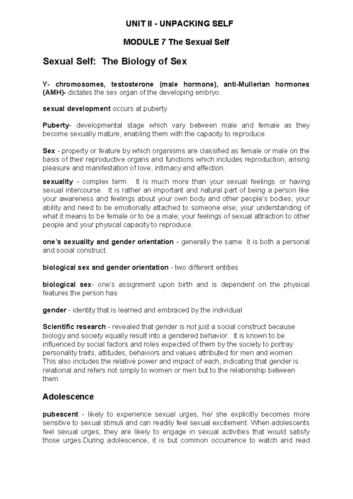 UNIT II Module 7 - UNIT II - UNPACKING SELF MODULE 7 The Sexual Self Sexual Self: The Biology of ...