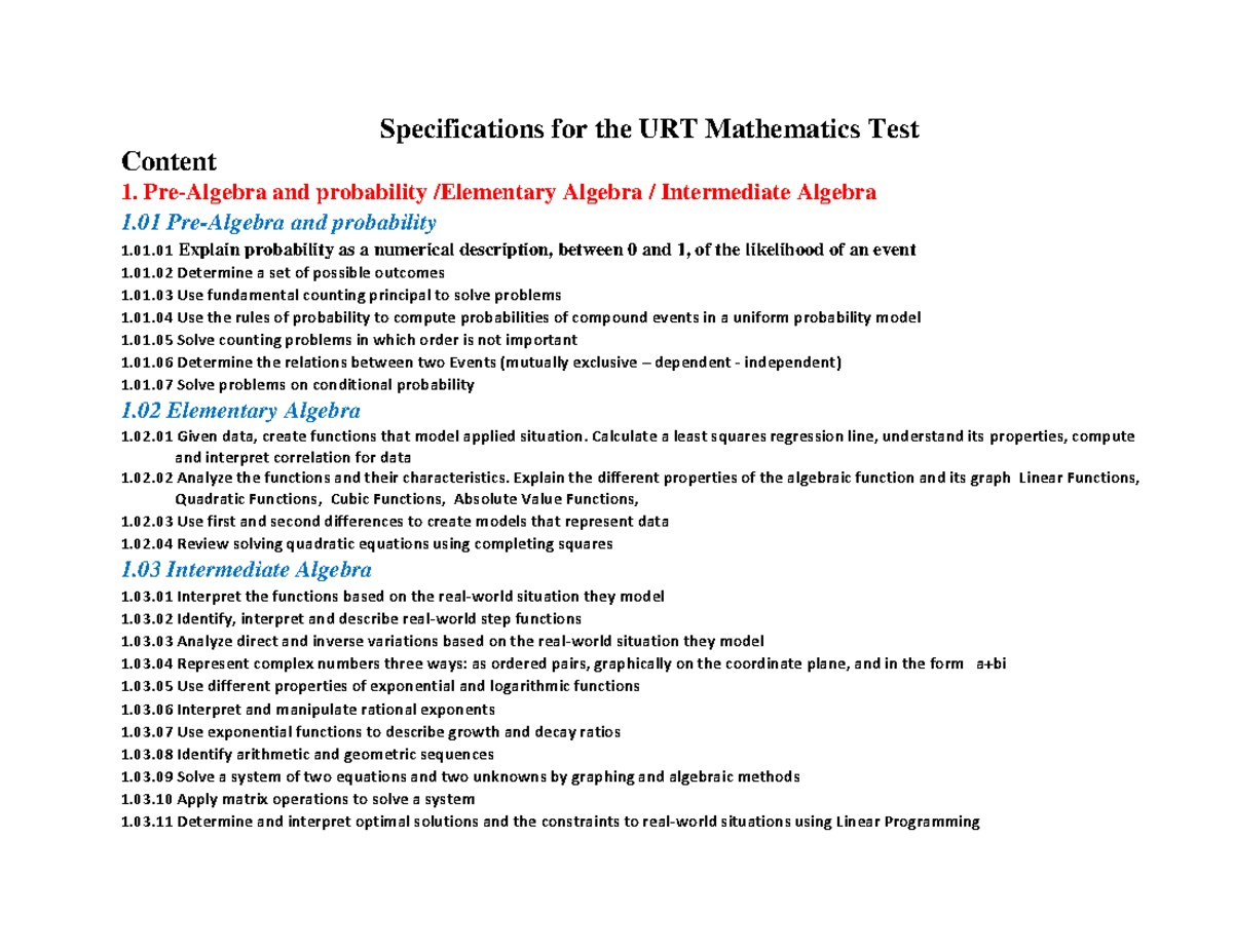 Specifications for URT Math Test - Specifications for the URT ...