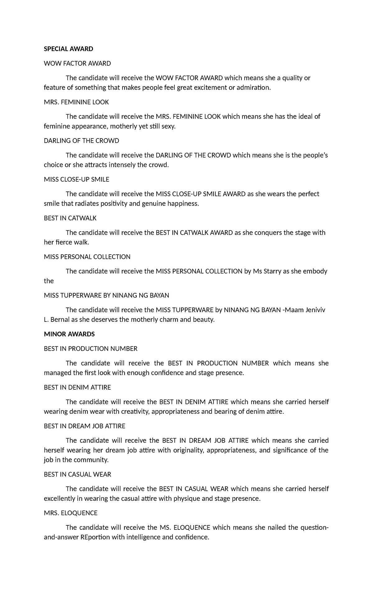 Voice OVER - for pageant - SPECIAL AWARD WOW FACTOR AWARD The candidate ...