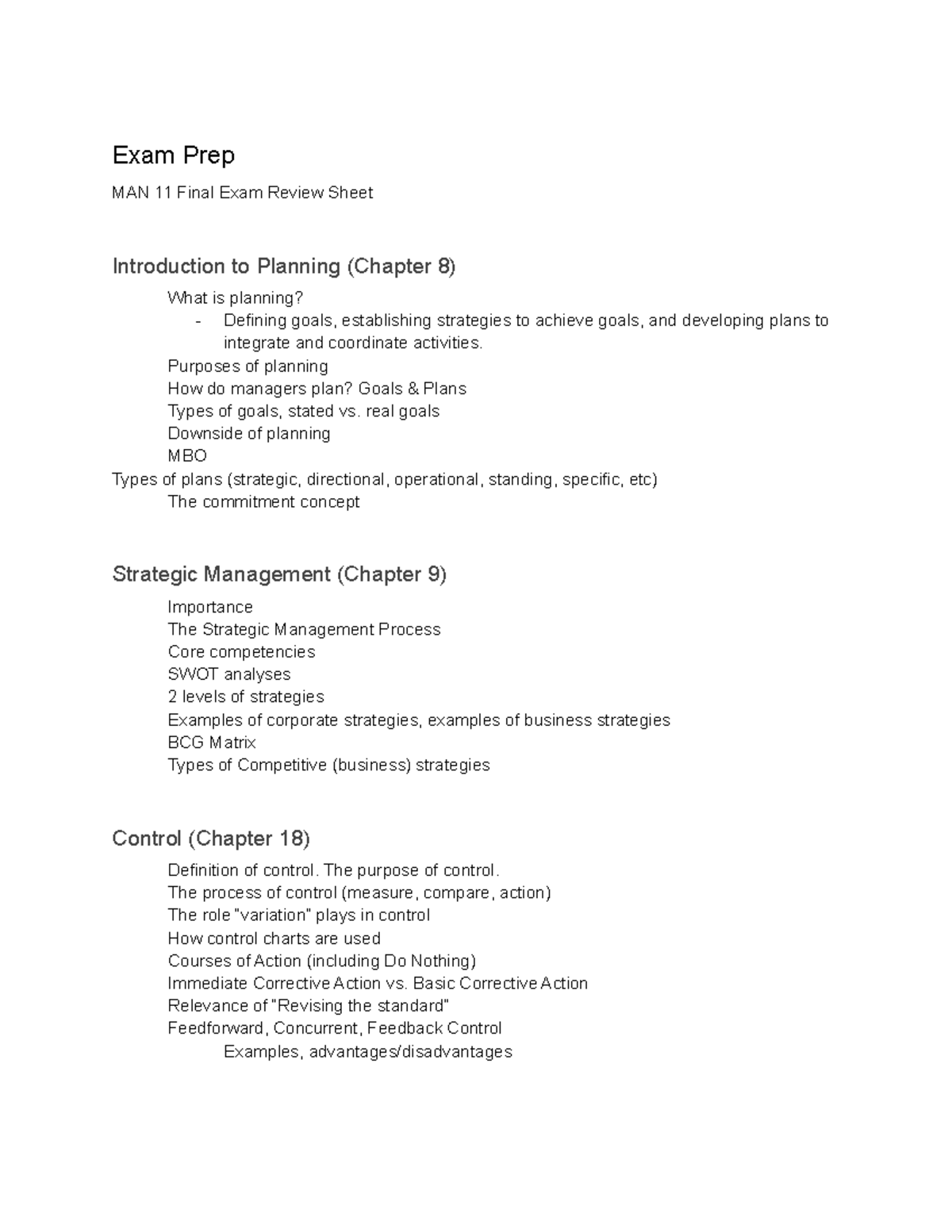 MAN 11 Final Exam Review Sheet - Exam Prep MAN 11 Final Exam Review ...