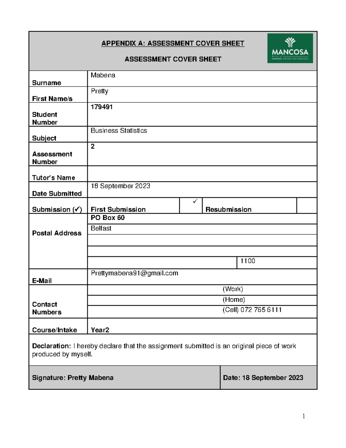 Business Statistics Formative Assessment 02 - APPENDIX A: ASSESSMENT ...