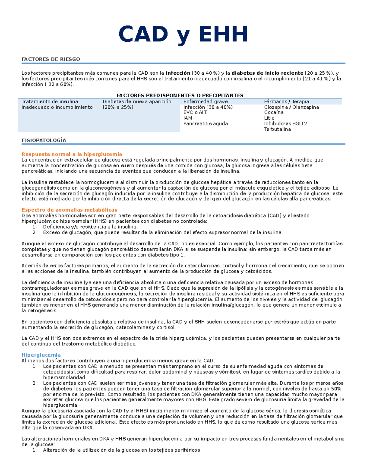 CAD y EHH - Cetoacidosis diabética y estado hiperosmolar - CAD y EHH FACTORES DE RIESGO Los ...