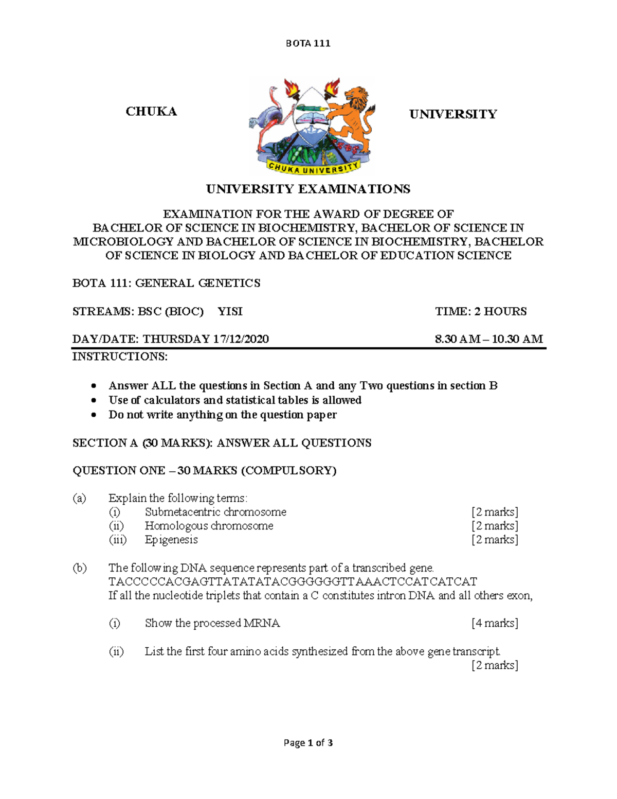 BOTA 111 (4) - No info - CHUKA UNIVERSITY EXAMINATIONS EXAMINATION FOR THE AWARD OF DEGREE OF ...