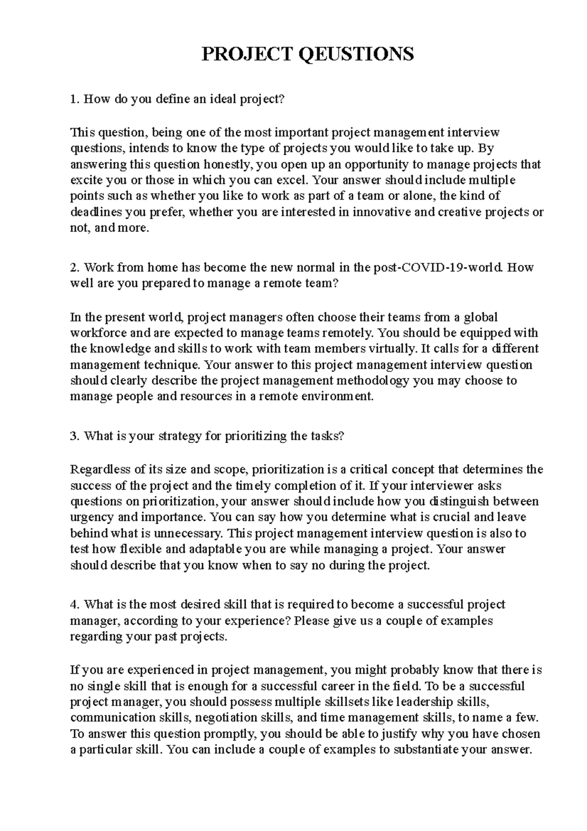 Project Qeustions - PROJECT QEUSTIONS How do you define an ideal ...