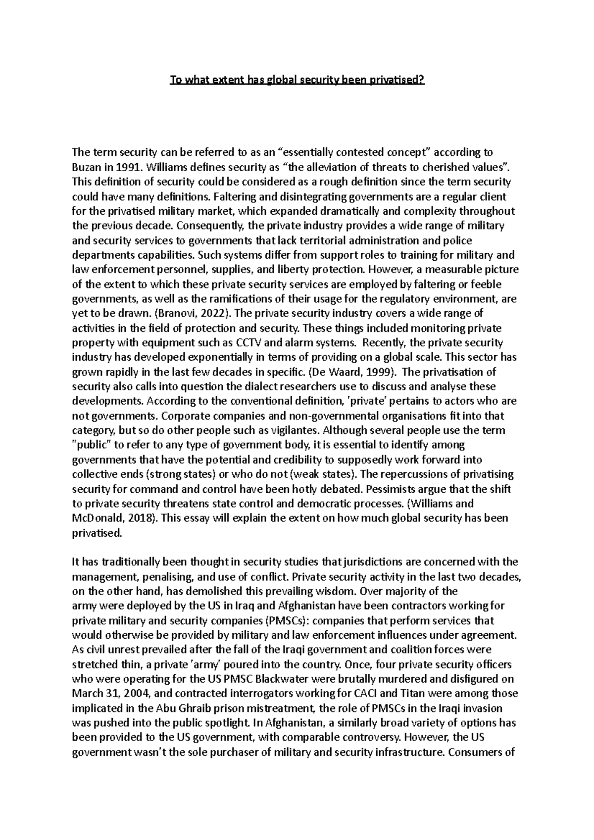 To what extent has global security been privatised - Williams defines ...