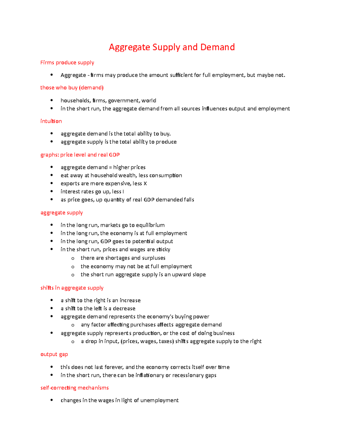 Eco lecture 10 - Notes on Aggregate Supply and demand - Aggregate ...