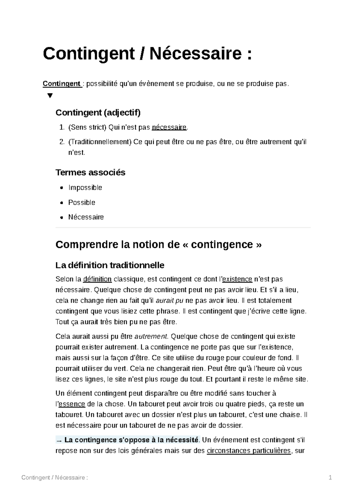 Philosophie notion de Contingence et Nécessité - Contingent ...