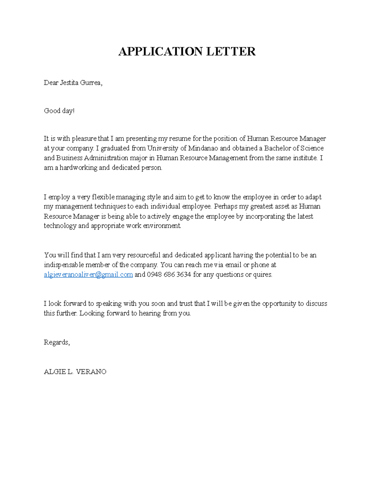Application Letter (214) - APPLICATION LETTER Dear Jestita Gurrea, Good ...