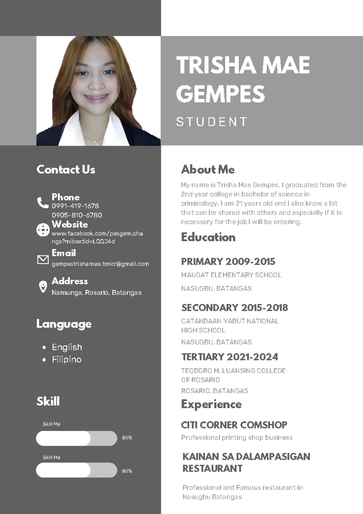 Grey Modern Company Resume - TRISHA MAE GEMPES S T U D E N T MAUGAT ...