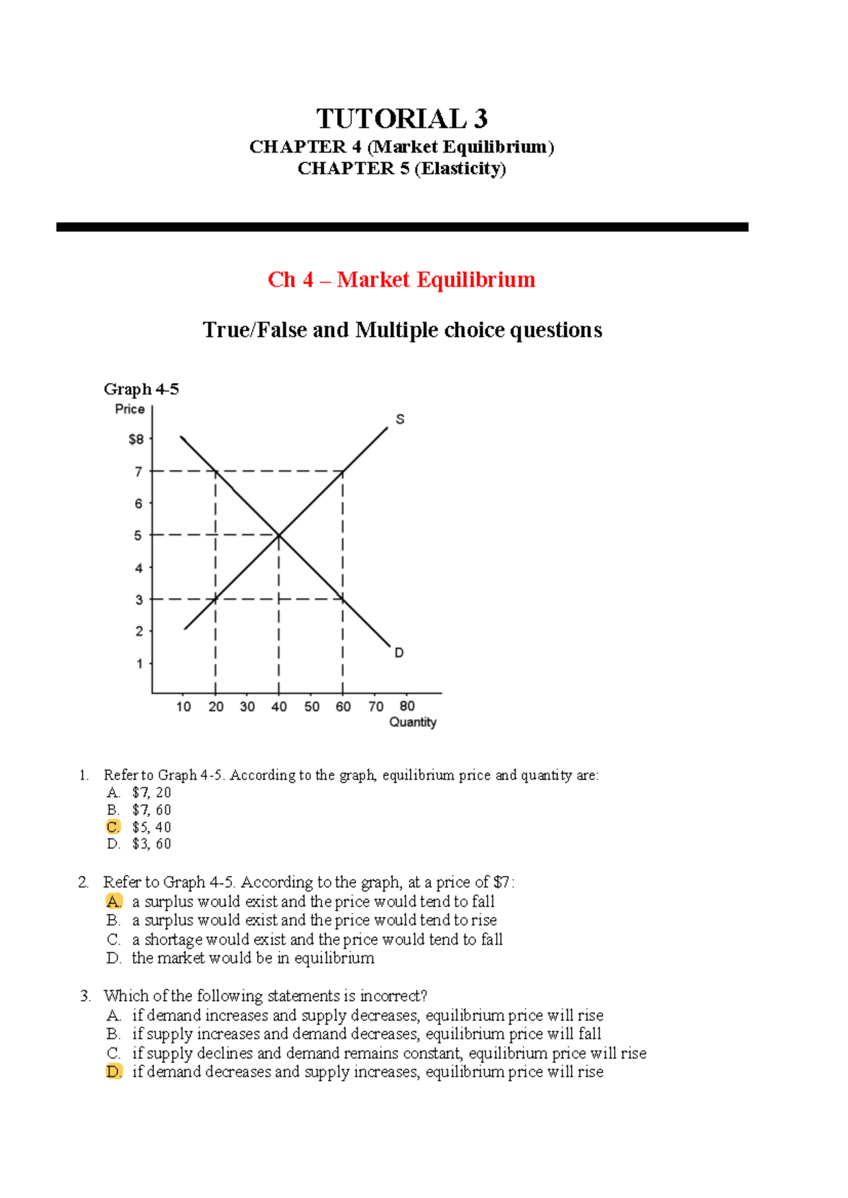 Tutorial 3 - tut 3 - TUTORIAL 3 CHAPTER 4 (Market Equilibrium) CHAPTER ...