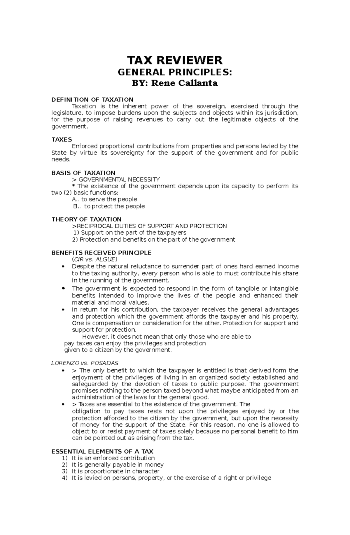 Callanta Tax Reviewer Basic Principles - TAX REVIEWER GENERAL PRINCIPLES: BY: Rene Callanta ...
