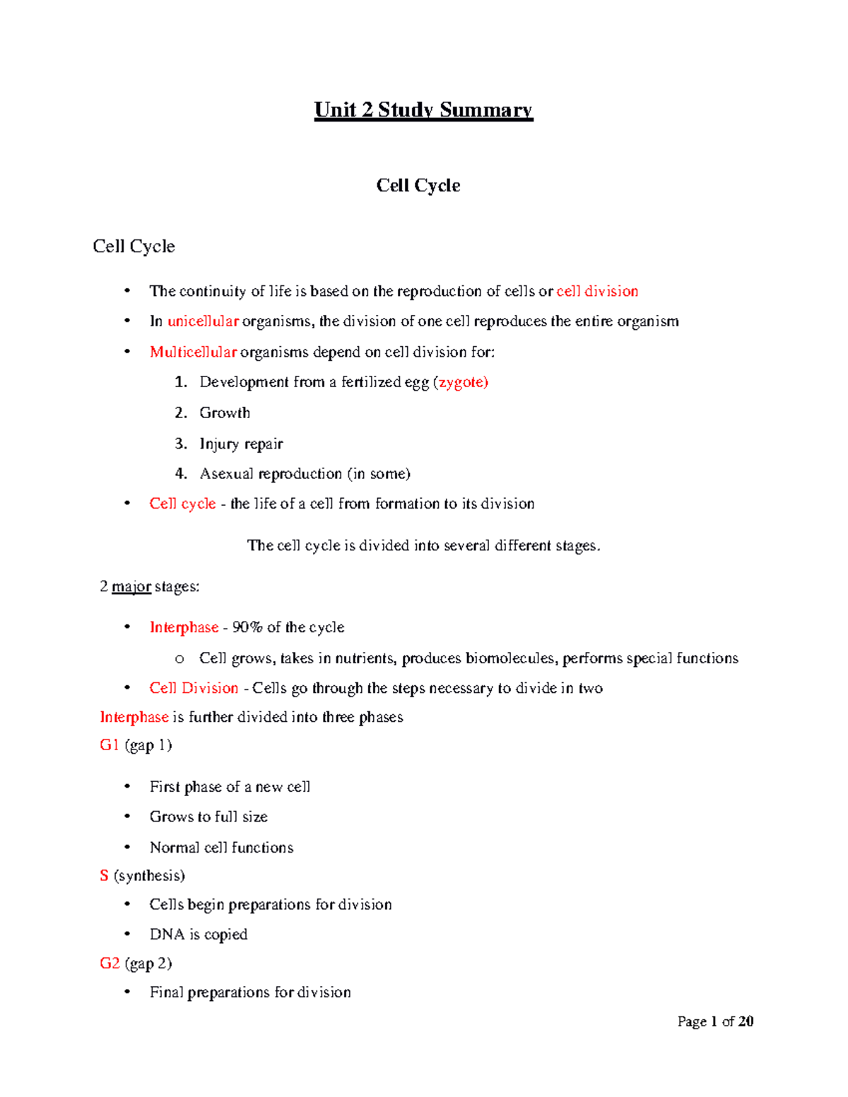 Unit 2 Study Summary Cell Cycle - Unit 2 Study Summary Cell Cycle Cell ...
