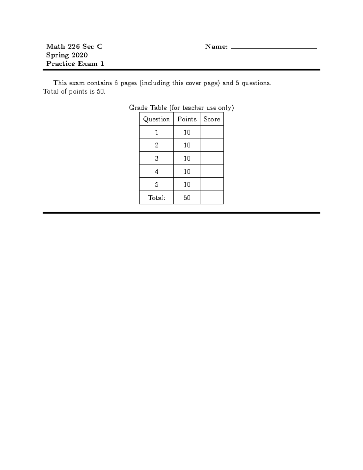 MA 226 S20 Practice Exam 1 - Math 226 Sec C Name: Spring 2020 Practice ...