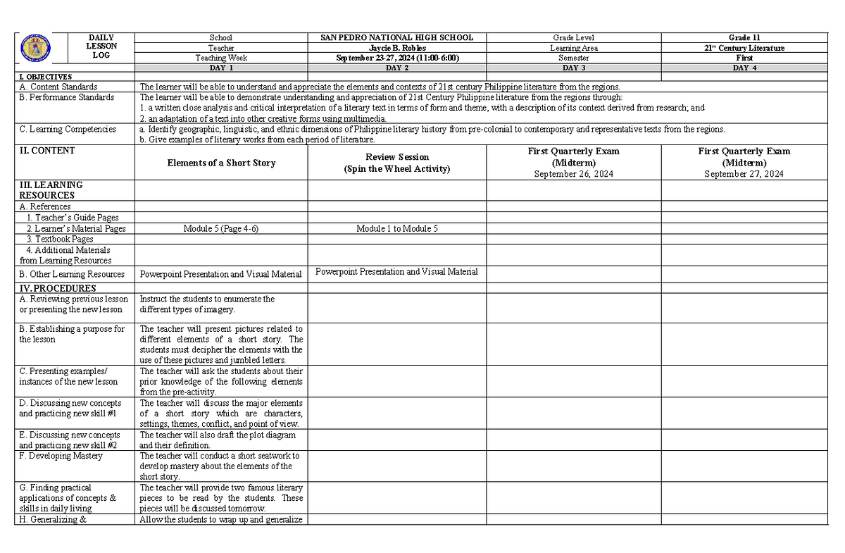 Daily Lesson Plan - DAILY LESSON LOG School SAN PEDRO NATIONAL HIGH ...