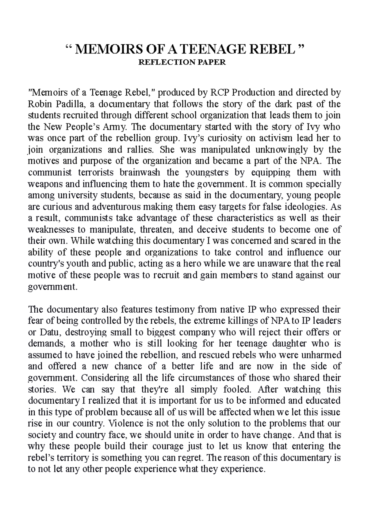 Reflection - Memoirs of Teenage Rebel - “ MEMOIRS OF A TEENAGE REBEL ...