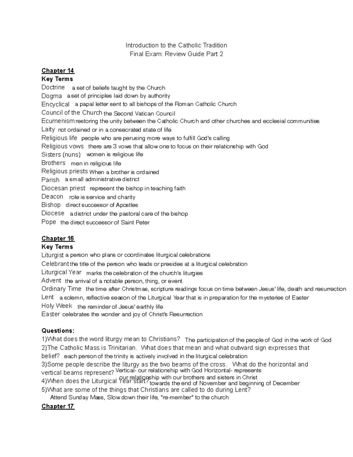 Introduction to the Catholic Tradition-Exam Review Guide 2 ...