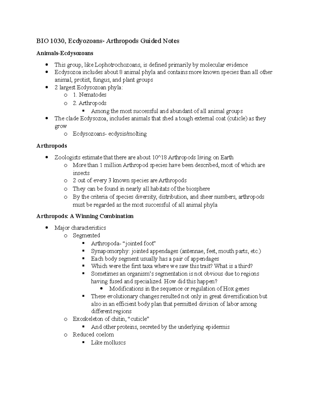 BIO 1030 Ecdysozoans-Arthropods Guided Notes - BIO 1030, Ecdyozoans ...