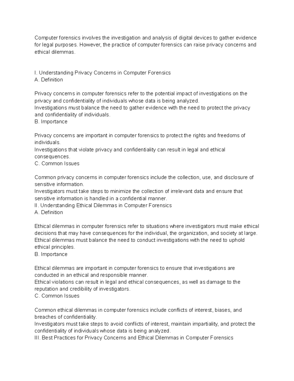 Privacy Concerns and Ethical Dilemmas in Computer Forensics Notes ...