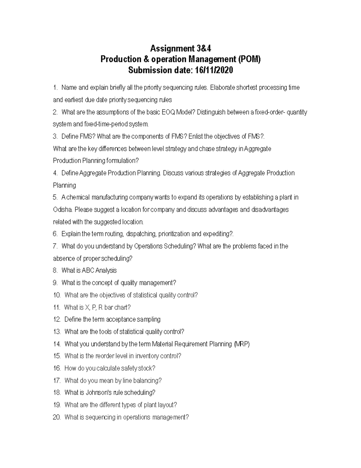 POM Assignment 3&4 - Assignment 3& Production & operation Management ...