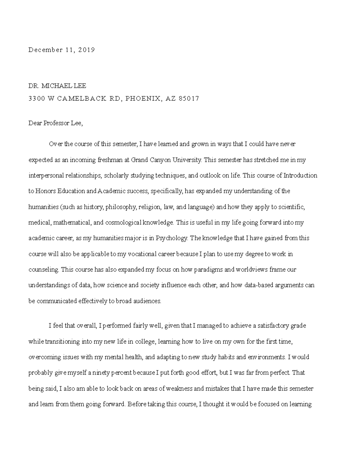 Reflection letter honors - December 11, 2019 DR. MICHAEL LEE 3300 W ...