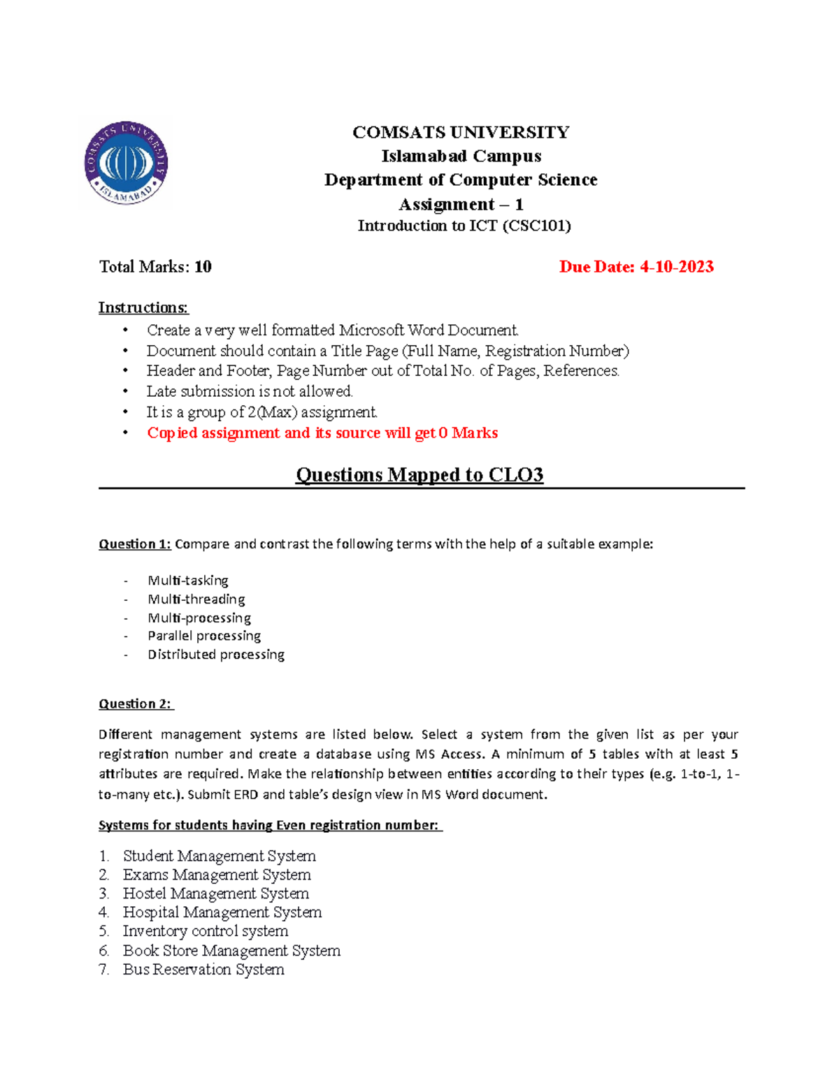 Assignment 1 - COMSATS UNIVERSITY Islamabad Campus Department of Computer Science Assignment – 1 ...