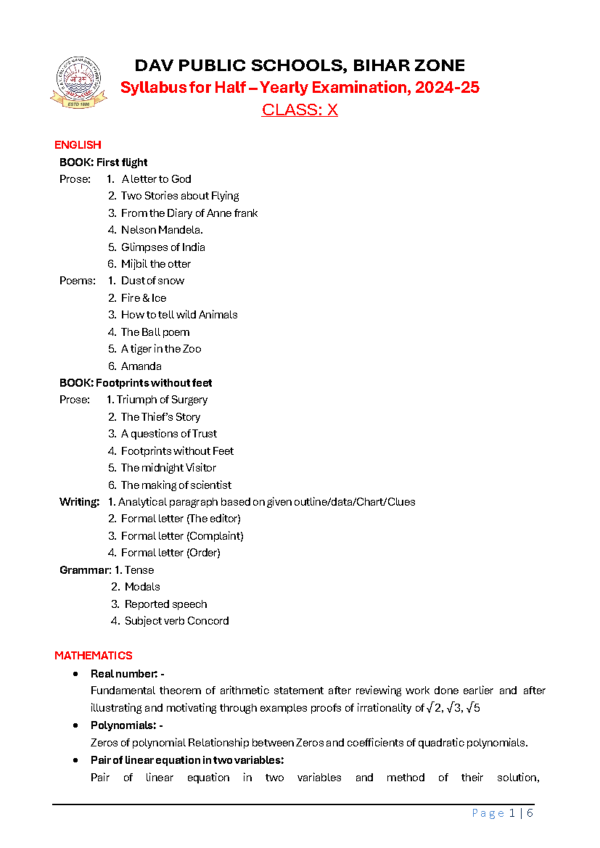 Syllabus Class X 2024-25 Final 080724 - DAV PUBLIC SCHOOLS, BIHAR ZONE ...