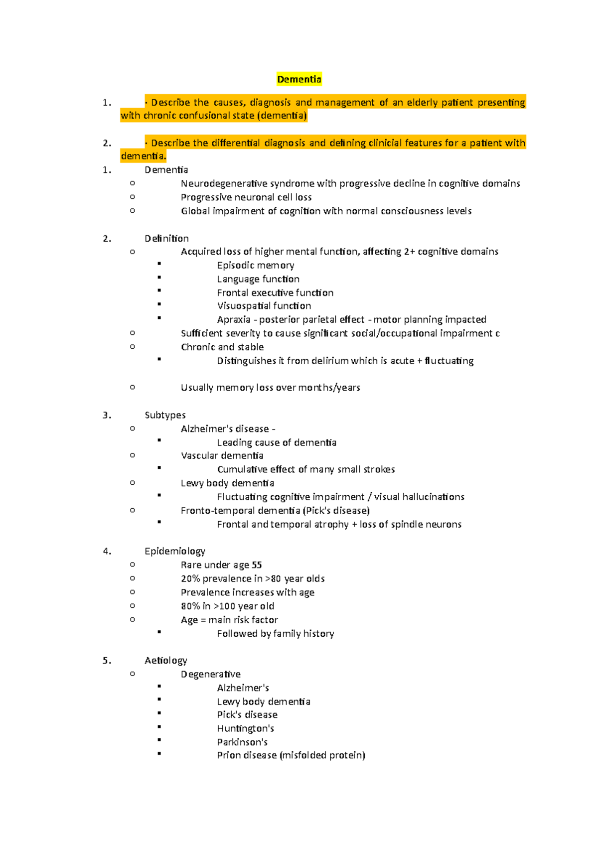 Dementia - Lecture notes 2 - Demenia · Describe the causes, diagnosis ...