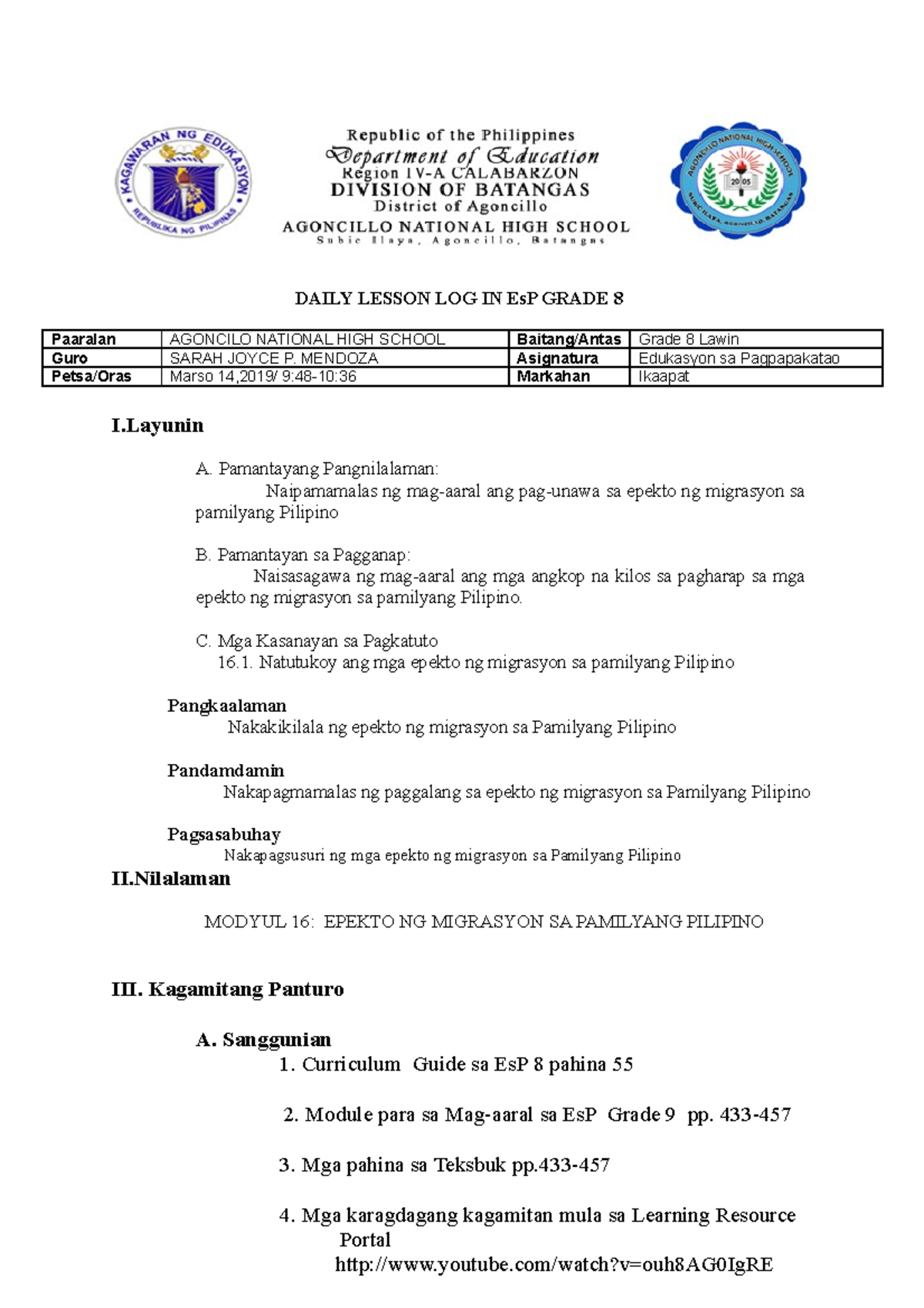 Plan for observation 3 - lesson plan - DAILY LESSON LOG IN EsP GRADE 8 ...