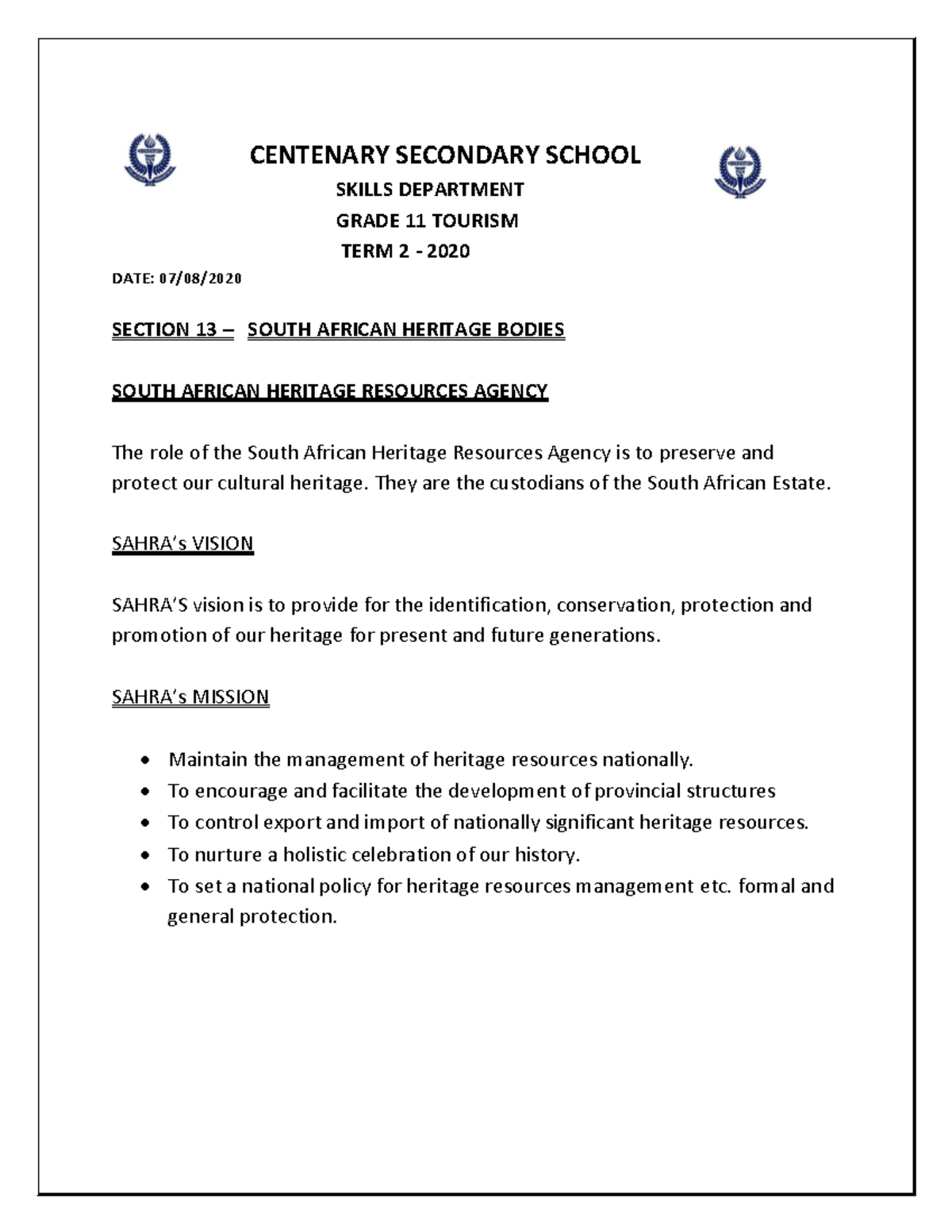 Term 2 grade 11 notes - CENTENARY SECONDARY SCHOOL SKILLS DEPARTMENT ...