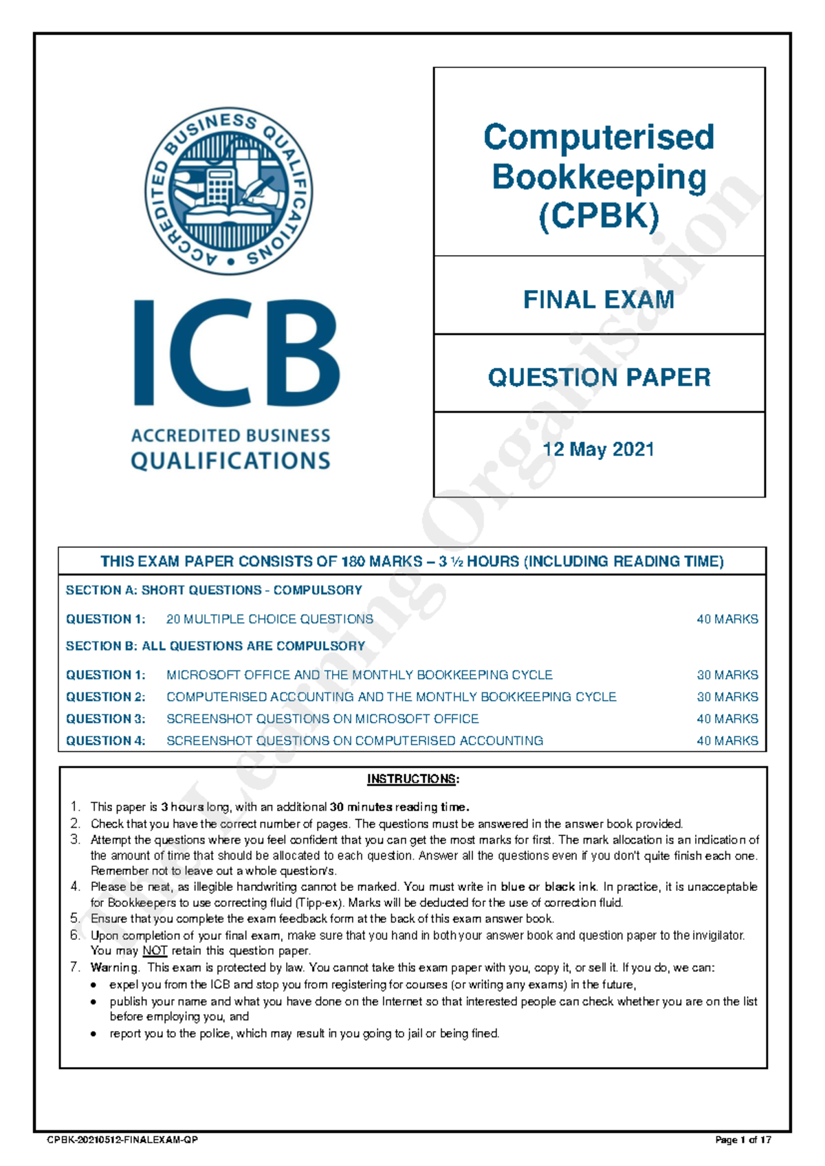 62478 - Past assessment - Computerised Bookkeeping (CPBK) FINAL EXAM QUESTION PAPER 12 May 2021 ...