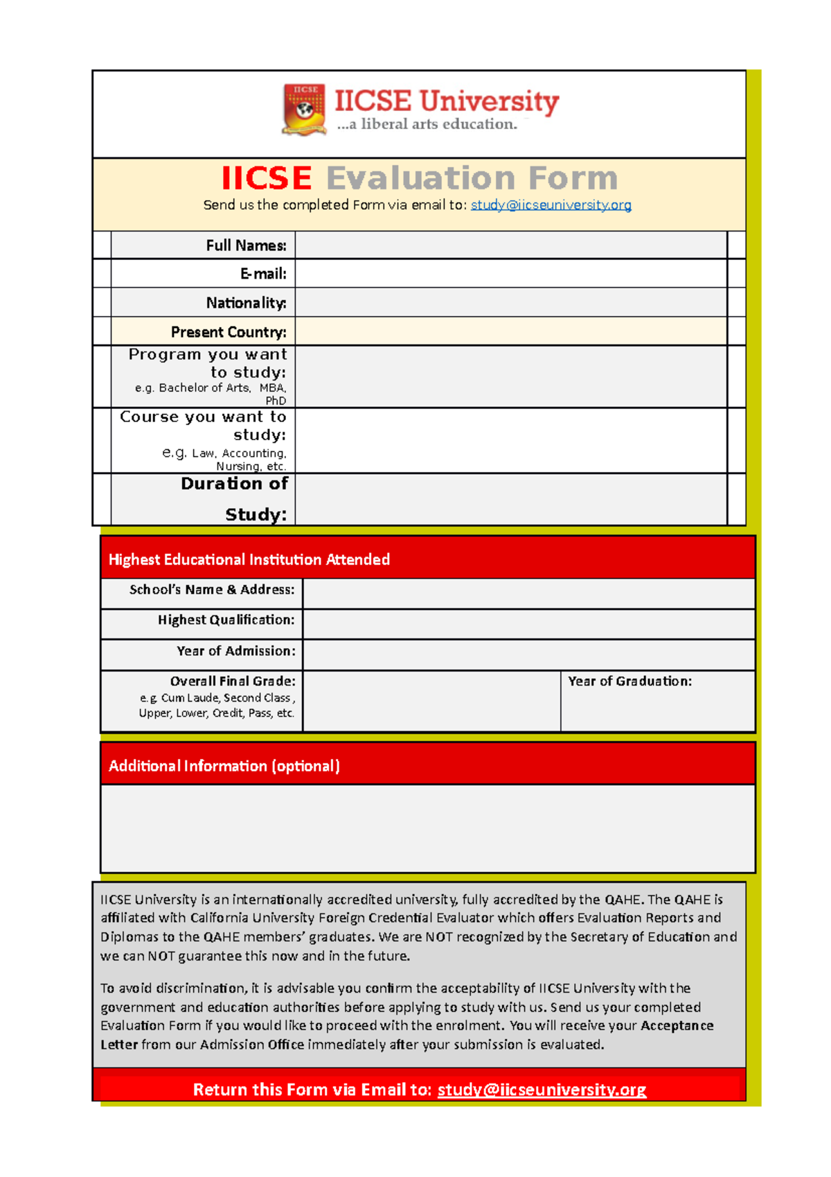 Evaluation form - Non - IICSE Evaluation Form Send us the completed ...