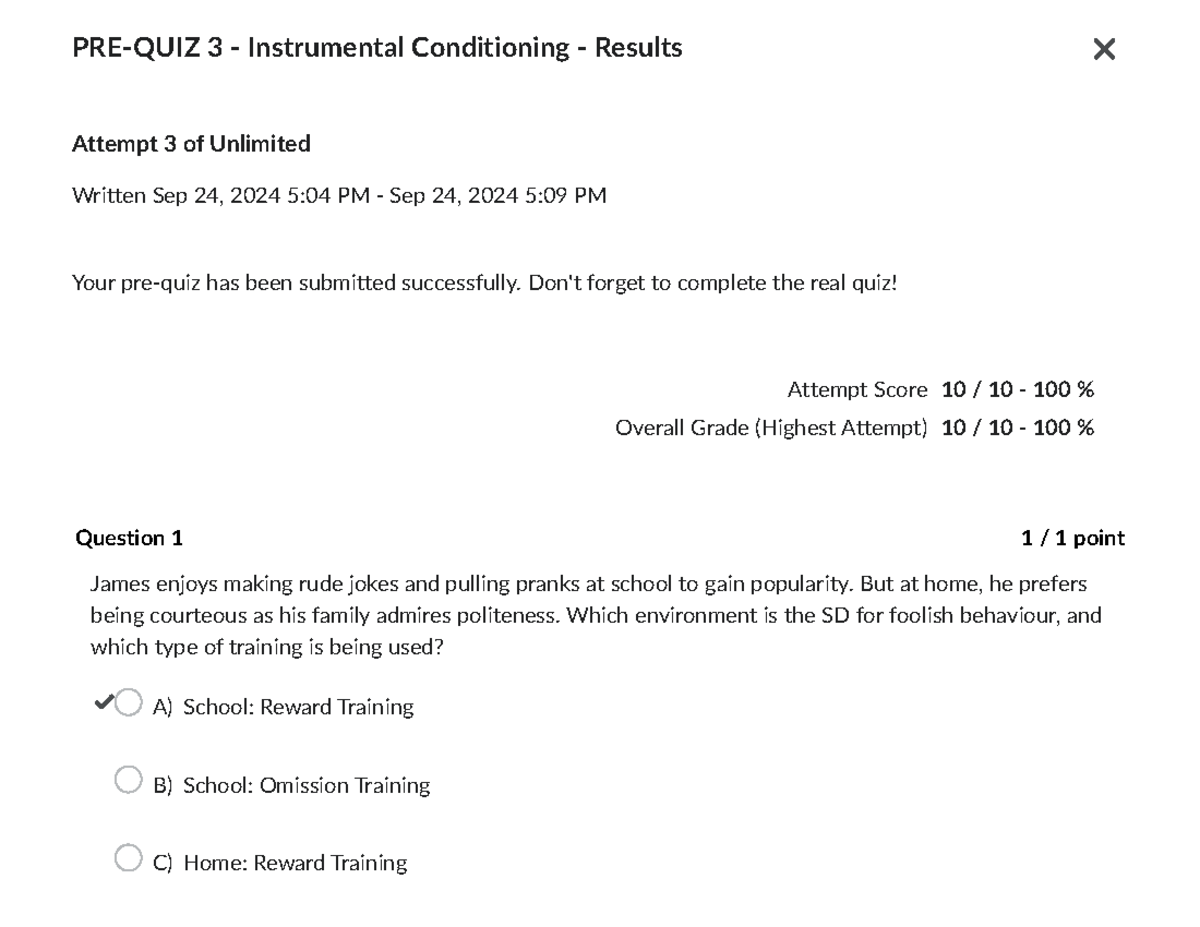 Instrumental Conditioning Pracitce Quiz - PRE-QUIZ 3 - Instrumental ...