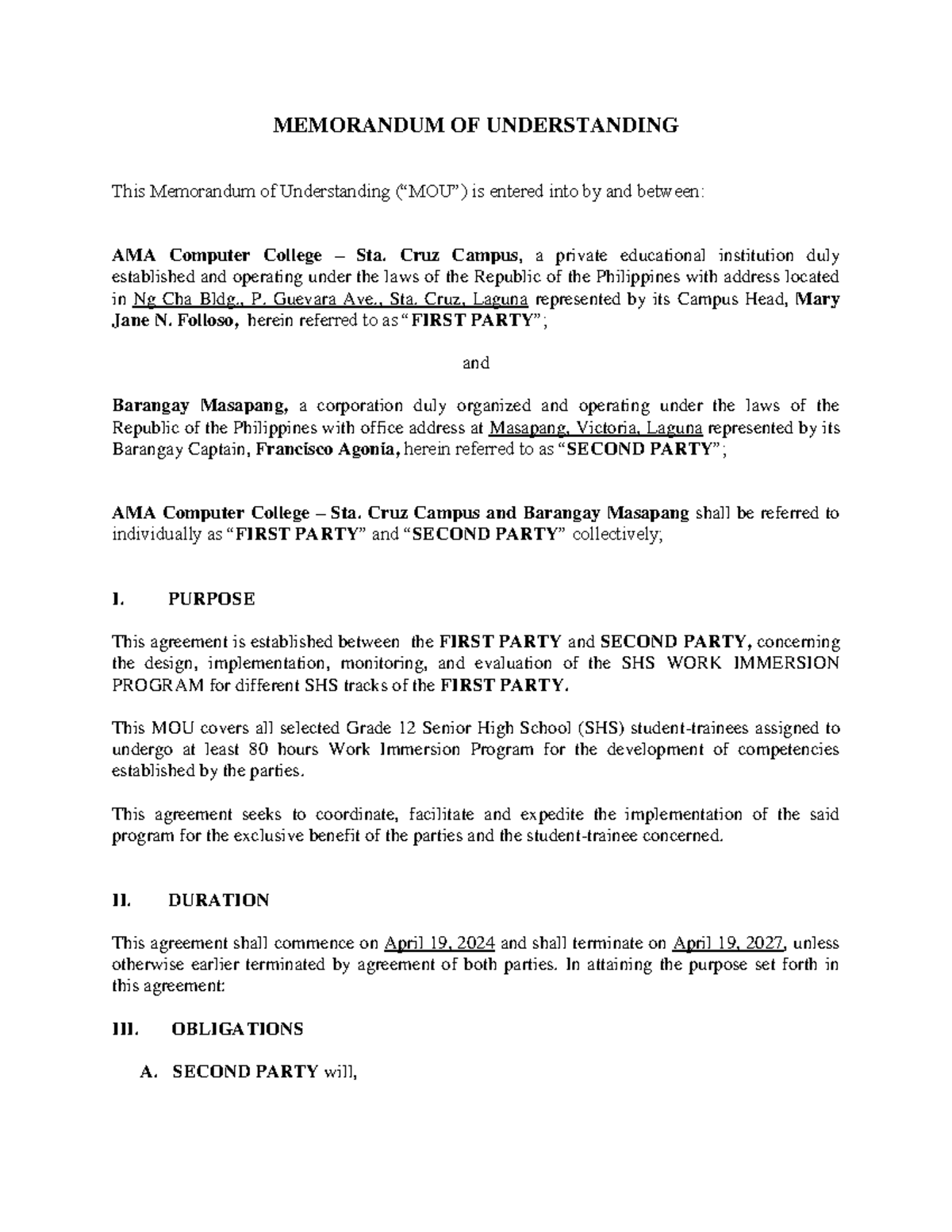 Shswi MOU Template 2024 - MEMORANDUM OF UNDERSTANDING This Memorandum ...