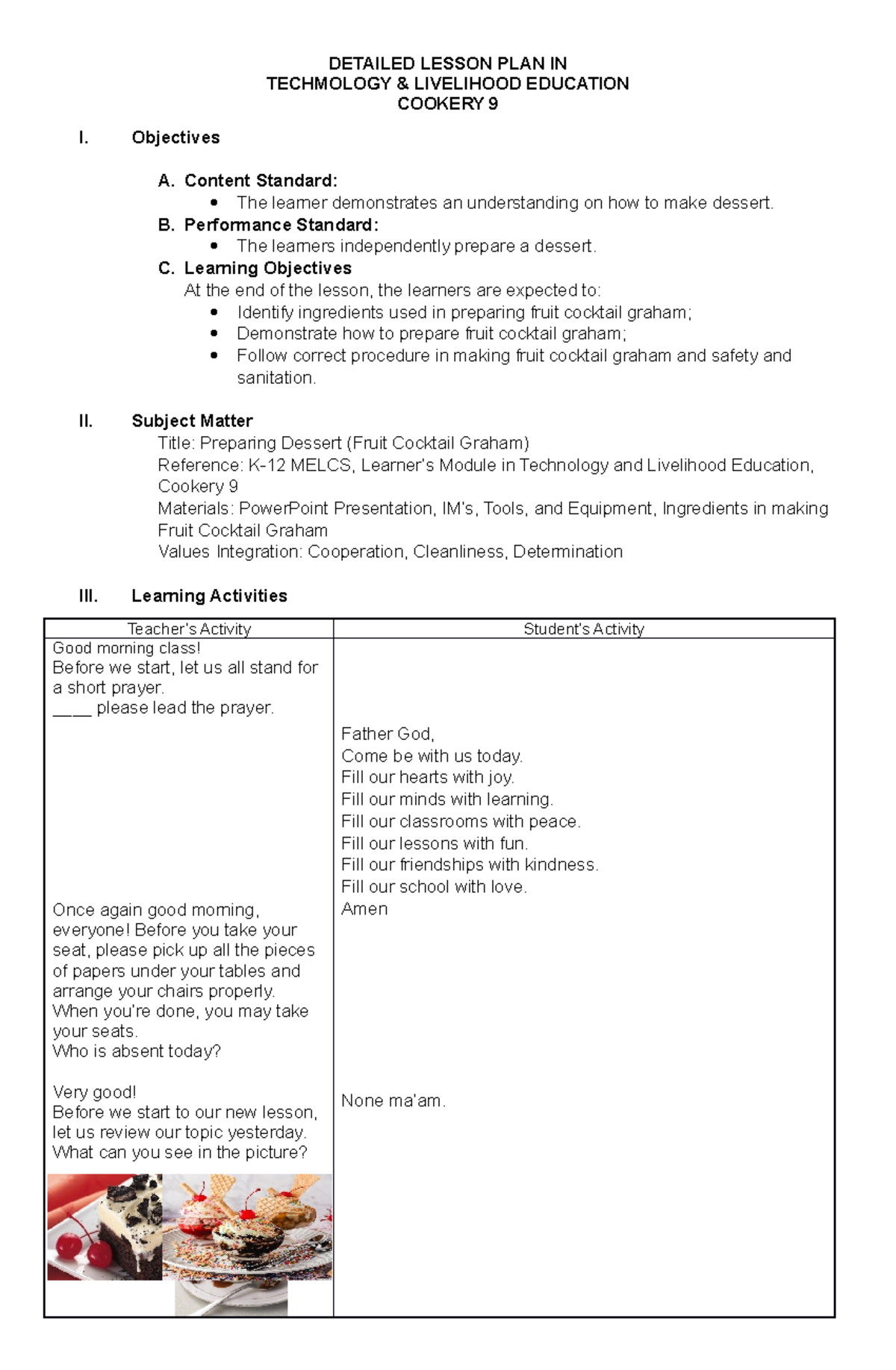 Detailed lesson plan in Cookery - DETAILED LESSON PLAN IN TECHMOLOGY ...