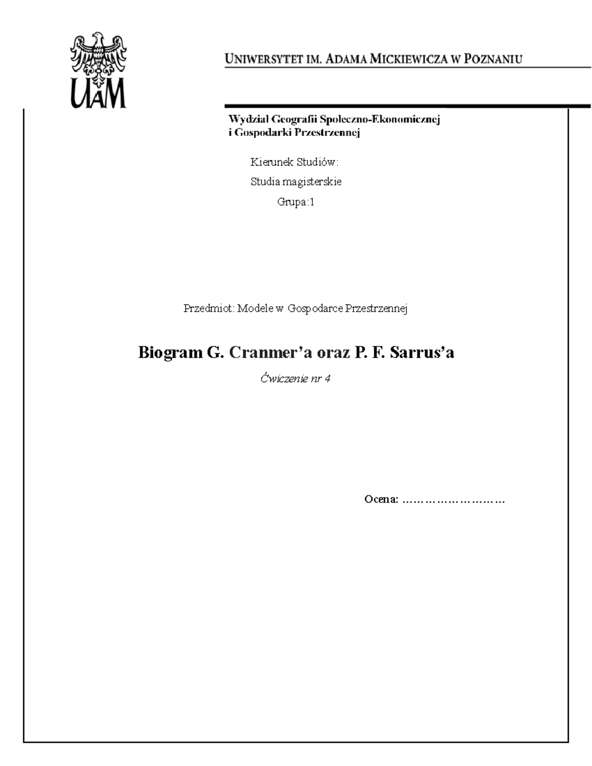 Biogram - Kierunek Studiów: Studia magisterskie Grupa: Przedmiot ...