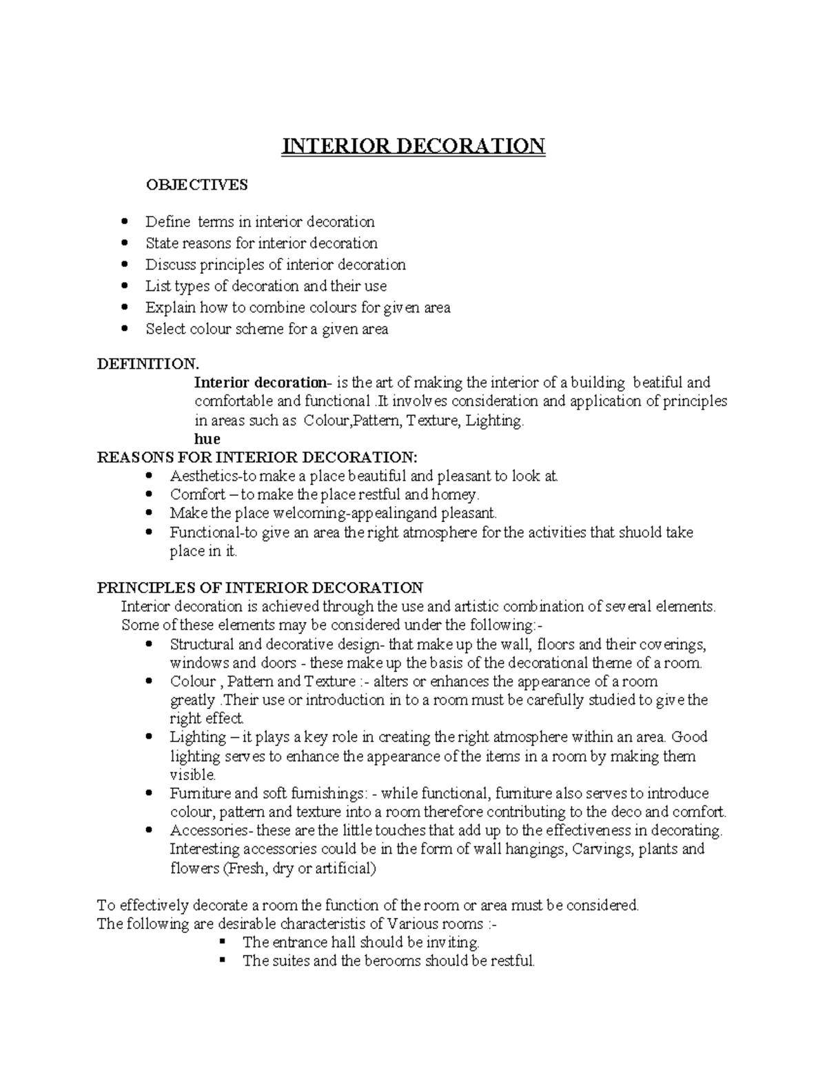 Interior decoration - INTERIOR DECORATION OBJECTIVES Define terms in ...
