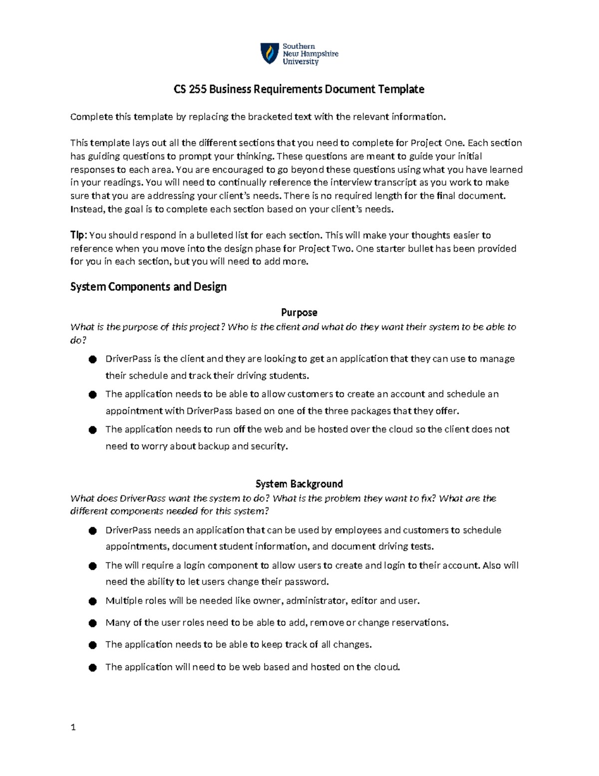 SNHU CS-255 Module 1 Business Requirements Document - CS 255 Business Requirements Document ...